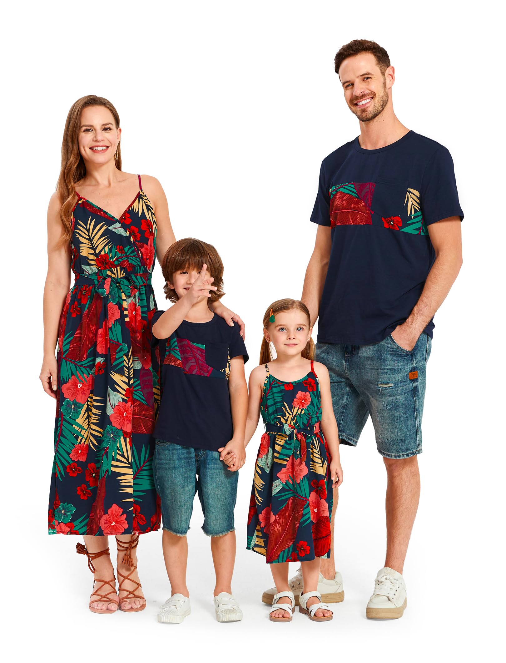 PATPAT Family Matching Outfits Mommy and Me Dresses Matching Set Tropical Floral Palm Leaf Print Sun Maxi Dresses Matching Hawaiian Outfits for Couples Vacation Beach Red Floral Outfit for Women M