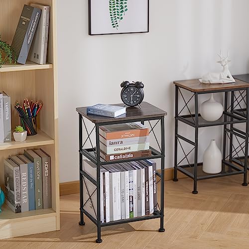 ruboka 3-Tier Small End Tables,Narrow Side Table with Steel Grid Storage Shelves,Slim Nightstand X-Design Sofa Side Table Small Bookshelf Bookcase,Display Rack for Living Room,Bedroom (Grey)