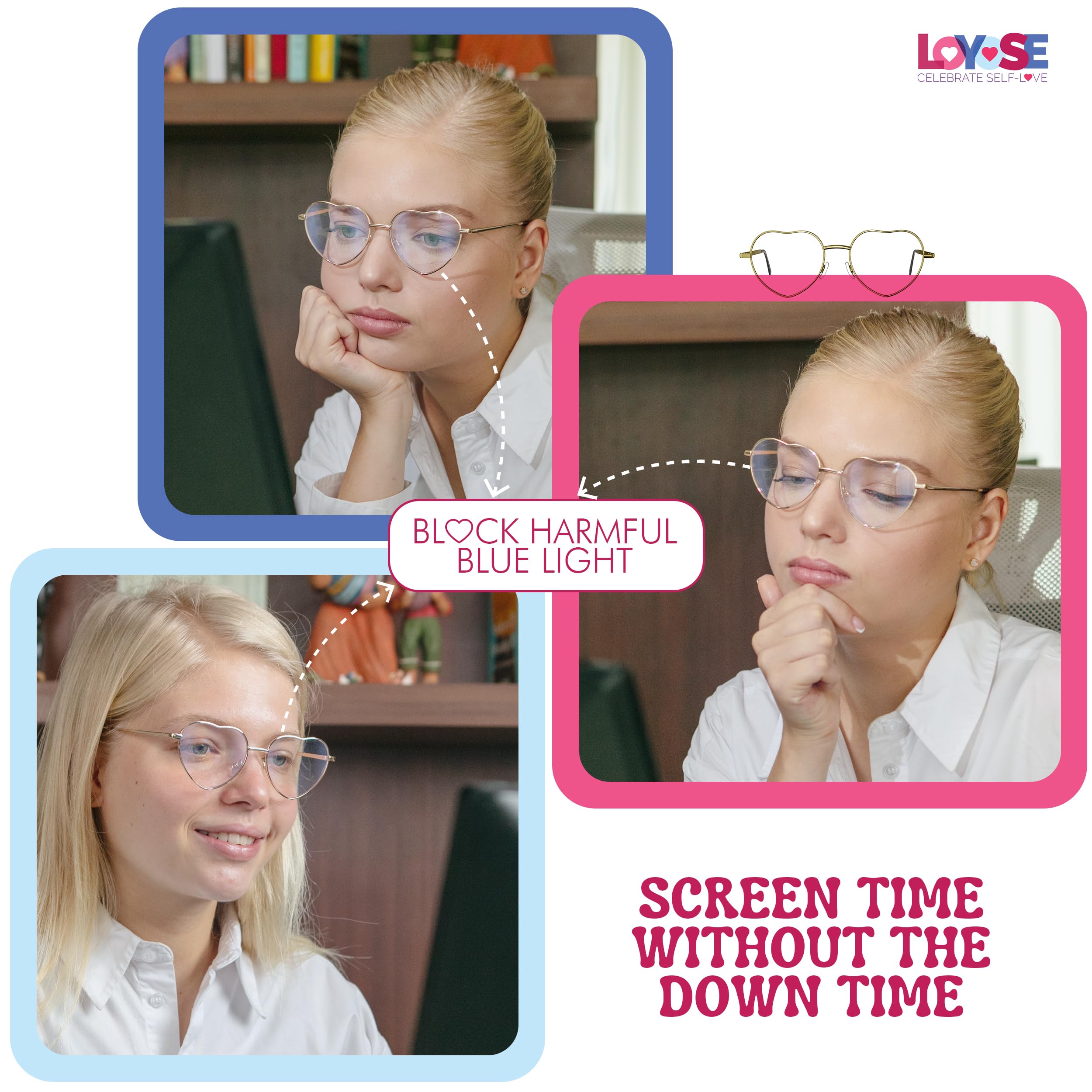 LOYOSE Blue Light Glasses For Woman, Cute Gold Frame Heart Shaped Bluelight Glasses, Blue Light Blocking Glasses for Computer Screen Phone TV Gaming