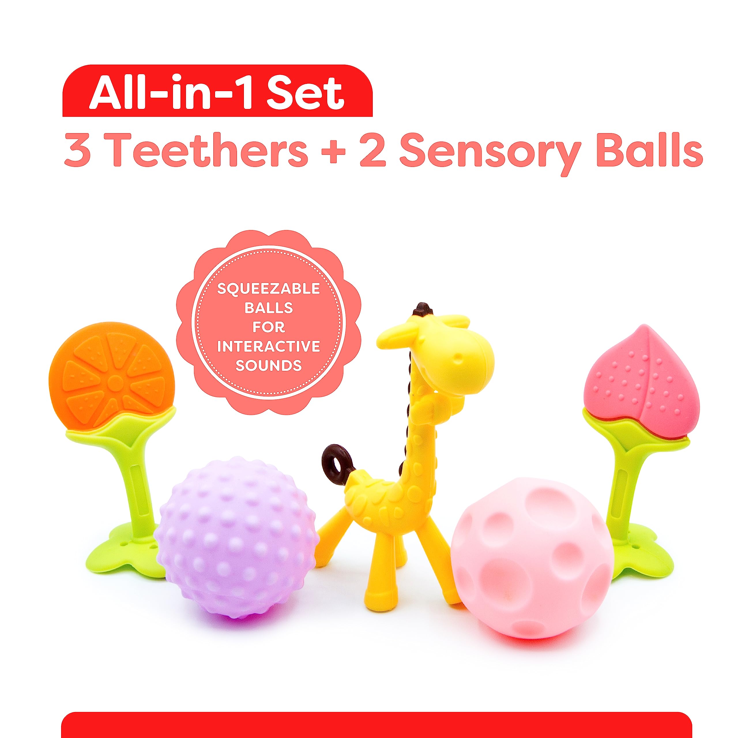 Silicone Teething Toys - Sensory Balls for Babies 0-6 Months - 6-12 Months -Soft Teethers for Baby Soothing and Calming Sensory Teether Toys 5 Pack