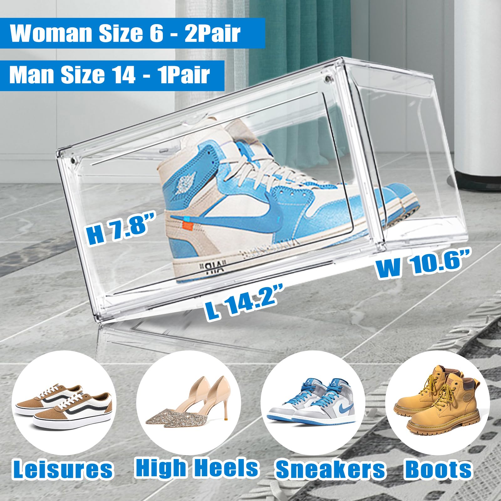 EZJOB Modern Clear Shoe Box, Acrylic Sneaker Shoe Storage Box, Stackable Shoe Display Case with Magnetic Door, 1 Pack Size 15