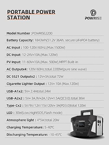 POWRISE 2200W Portable Power Station(4000W Peak),1.5H Super Fast Charging,UPS Function,1843Wh LiFePO4 Battery Backup w/ 13 Outlets (AC DC USB),Solar Generator for Outdoor Camping,RV,Home Use,Emergency