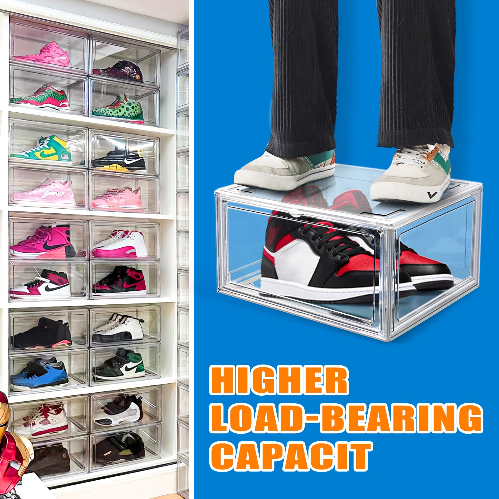 EZJOB Modern Clear Shoe Box, Acrylic Sneaker Shoe Storage Box, Stackable Shoe Display Case with Magnetic Door, 1 Pack Size 15