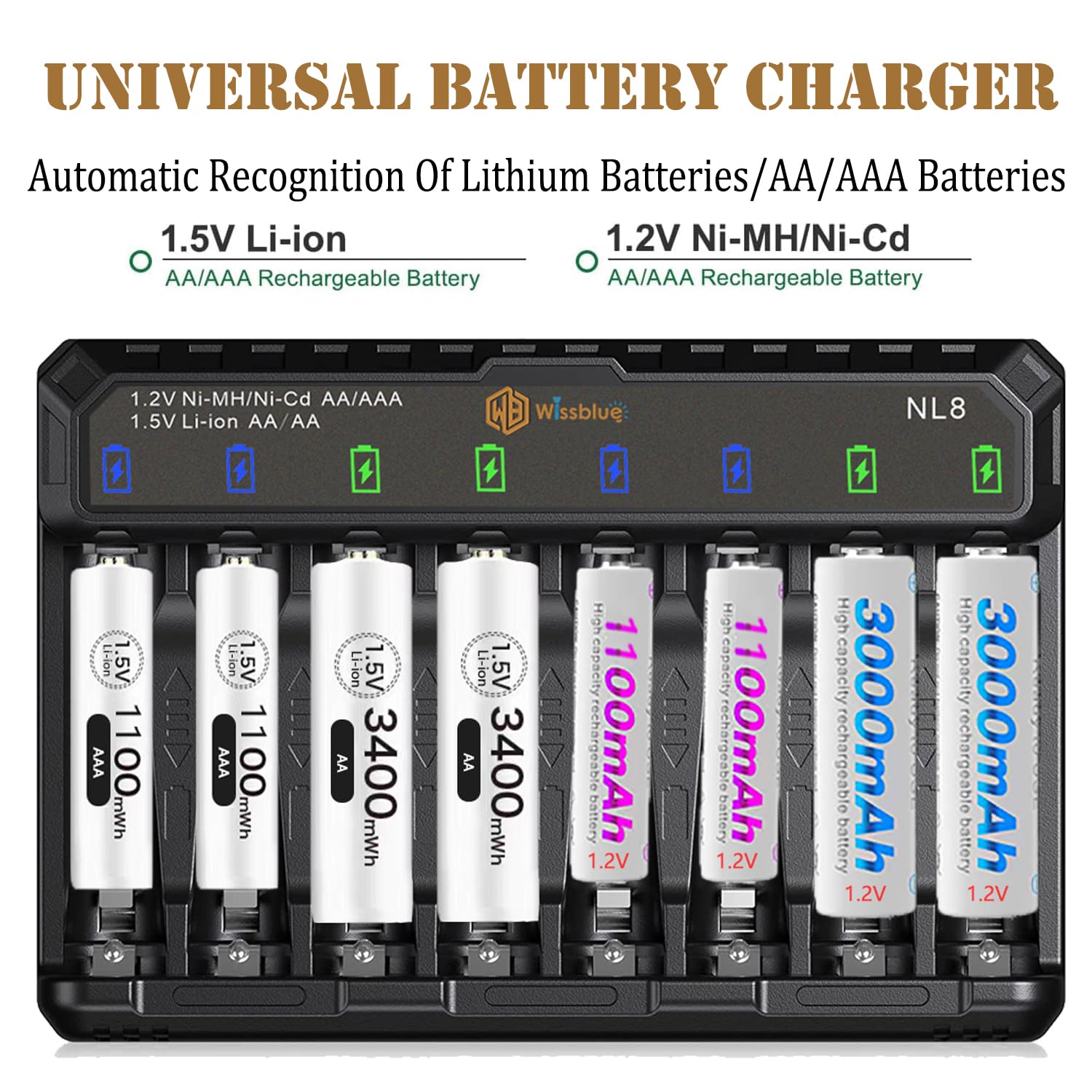NL8 1.5V 1.2V Universal Battery Charger 8Bay, Rechargeable Battery Charger with C USB Input, AA AAA Battery Charger for 1.5V/1.2V/14500 Li-ion Rechargeable AA AAA Batteries
