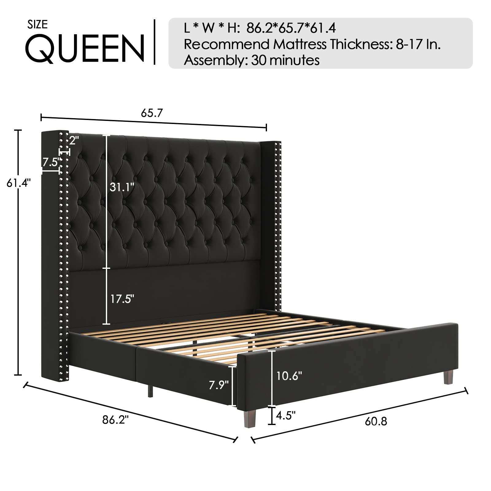 PaPaJet Queen Platform Bed Frame 61.4" Handmade Headboard Velvet Tall Upholstered Bed Deep Button Tufted/No Box Spring Required/Wood Slat Support/Easy Assembly/Black