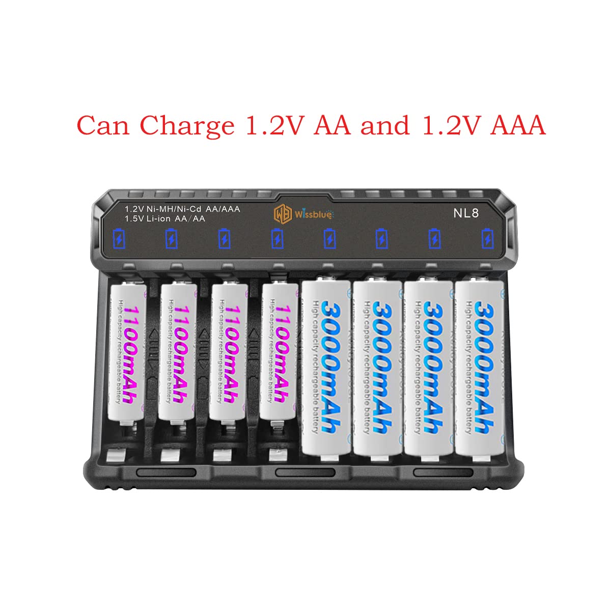 NL8 1.5V 1.2V Universal Battery Charger 8Bay, Rechargeable Battery Charger with C USB Input, AA AAA Battery Charger for 1.5V/1.2V/14500 Li-ion Rechargeable AA AAA Batteries
