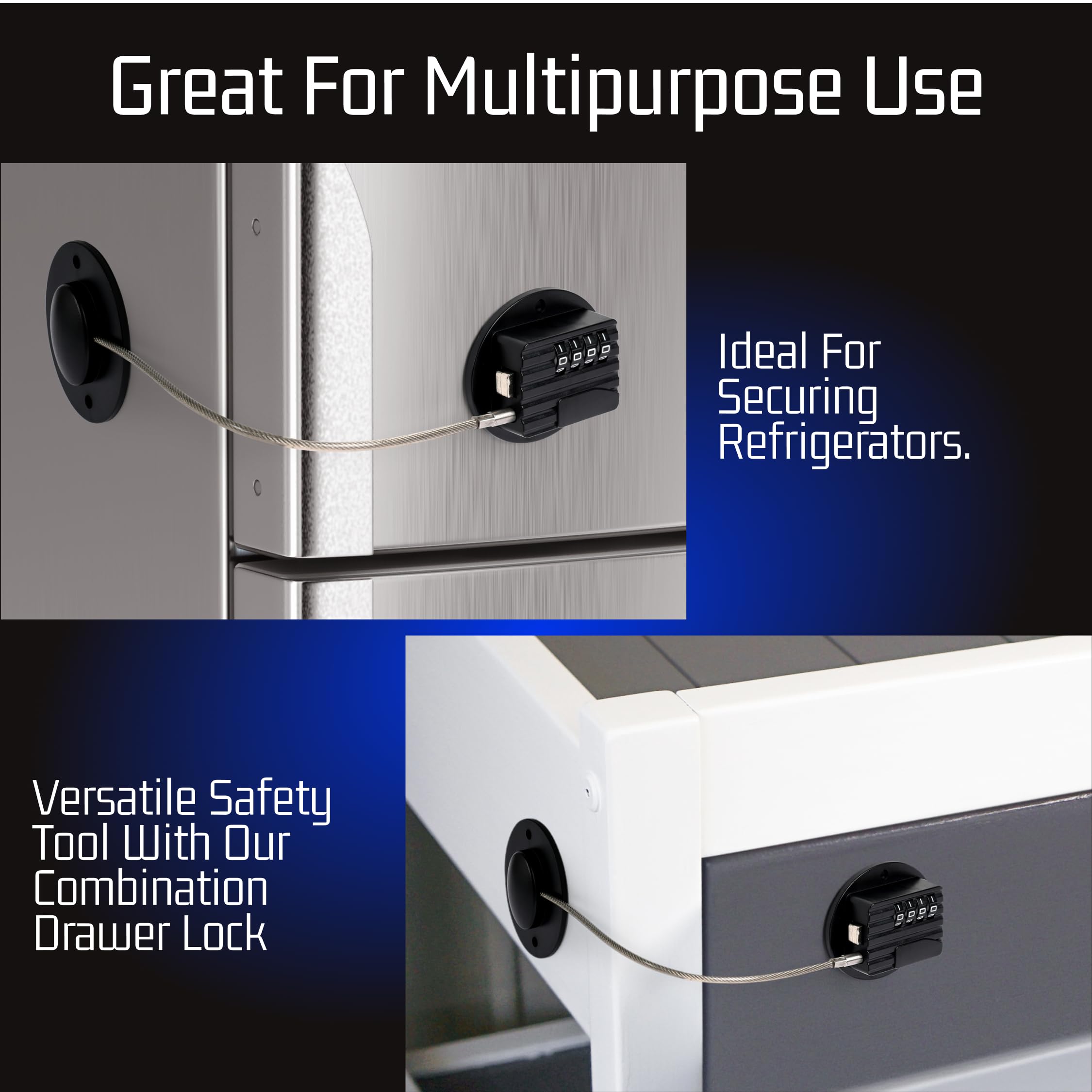 Bolt Dropper Refrigerator Lock - Child Safety Lock with Adhesive - Easy to Use Combination Lock - Protects Appliances from Scratches - Multiple Use Cabinet Lock Combo - Black, Drawer Child Locks