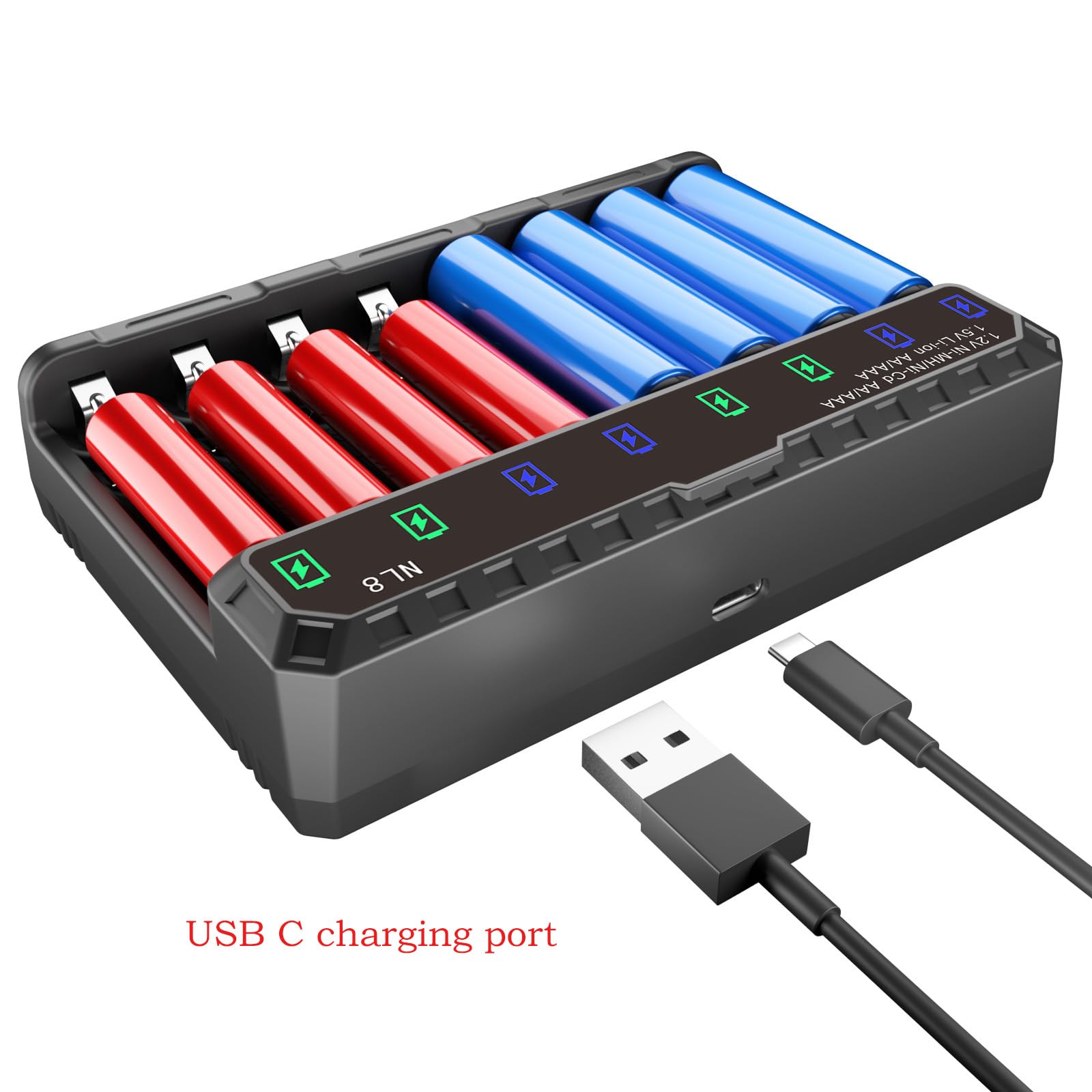 NL8 1.5V 1.2V Universal Battery Charger 8Bay, Rechargeable Battery Charger with C USB Input, AA AAA Battery Charger for 1.5V/1.2V/14500 Li-ion Rechargeable AA AAA Batteries