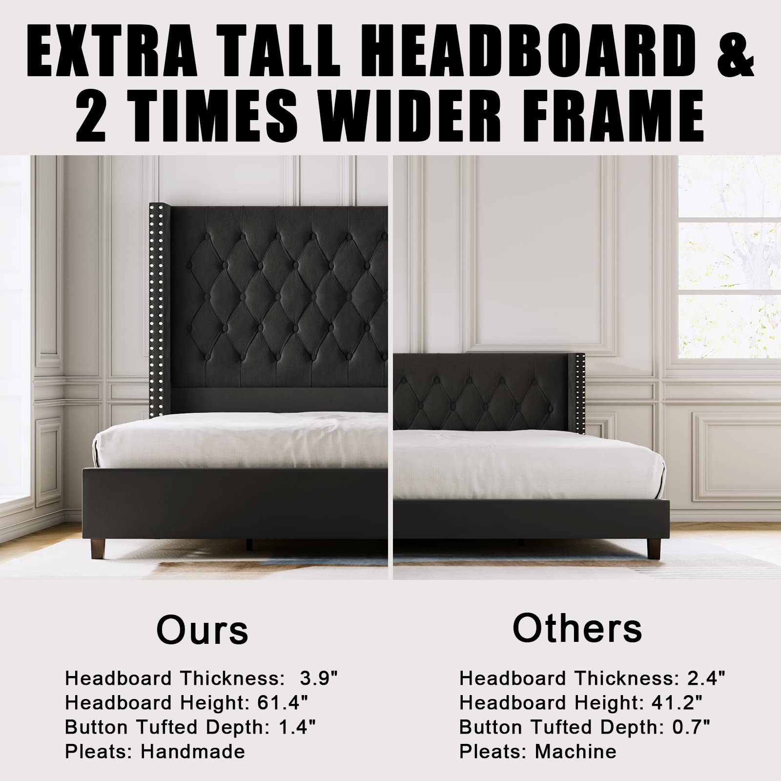 PaPaJet Queen Platform Bed Frame 61.4" Handmade Headboard Velvet Tall Upholstered Bed Deep Button Tufted/No Box Spring Required/Wood Slat Support/Easy Assembly/Black