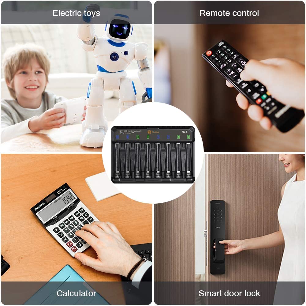NL8 1.5V 1.2V Universal Battery Charger 8Bay, Rechargeable Battery Charger with C USB Input, AA AAA Battery Charger for 1.5V/1.2V/14500 Li-ion Rechargeable AA AAA Batteries