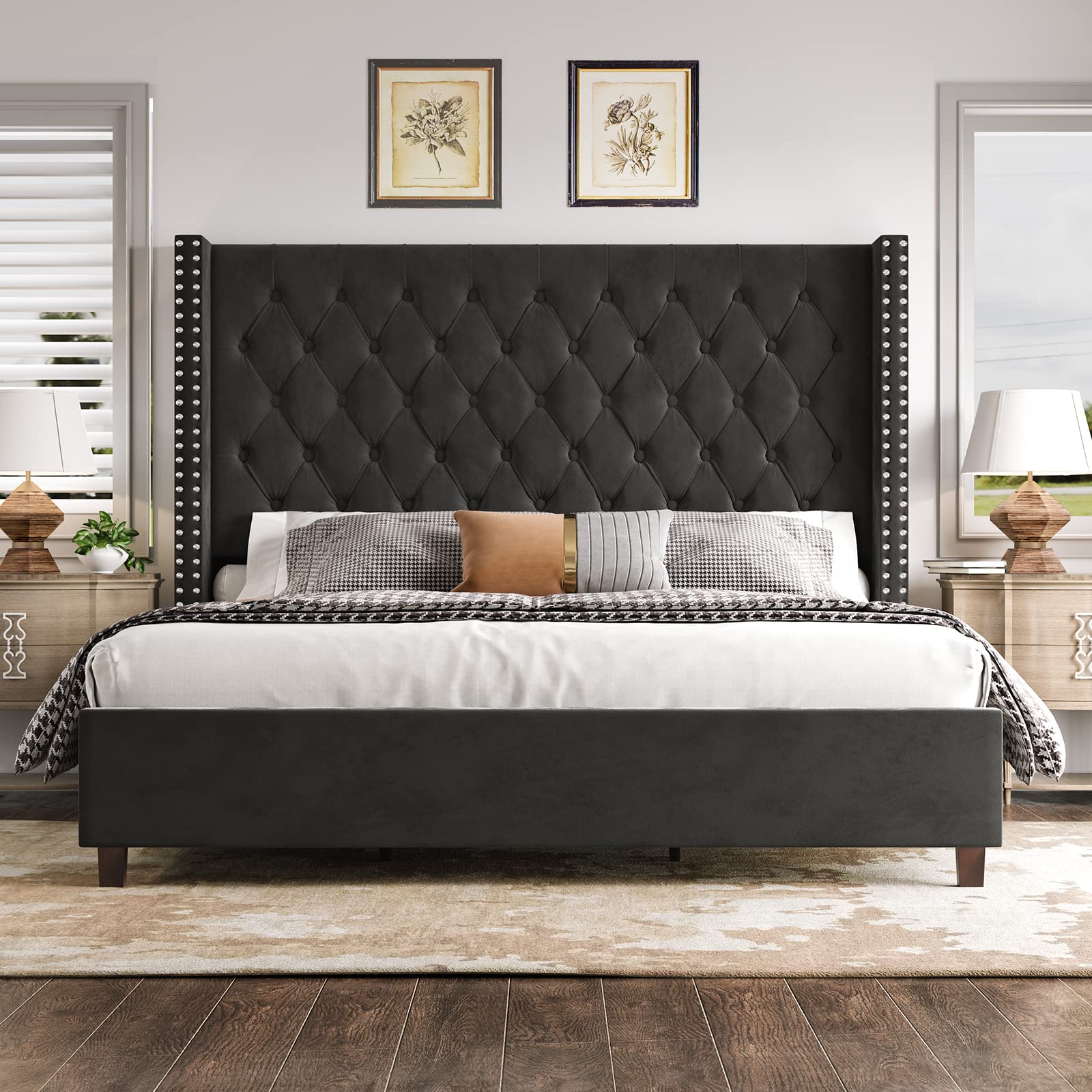 PaPaJet Queen Platform Bed Frame 61.4" Handmade Headboard Velvet Tall Upholstered Bed Deep Button Tufted/No Box Spring Required/Wood Slat Support/Easy Assembly/Black