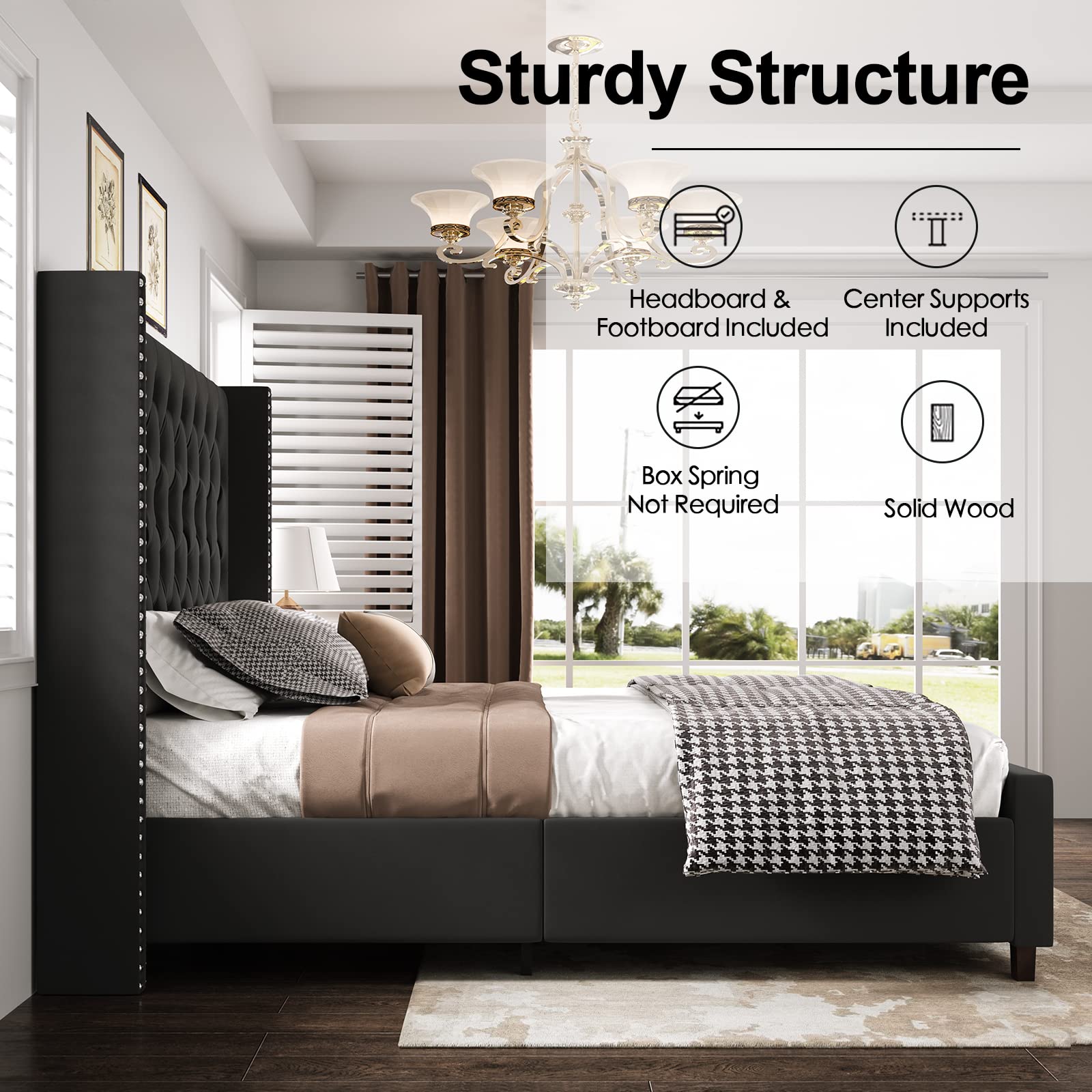 PaPaJet Queen Platform Bed Frame 61.4" Handmade Headboard Velvet Tall Upholstered Bed Deep Button Tufted/No Box Spring Required/Wood Slat Support/Easy Assembly/Black