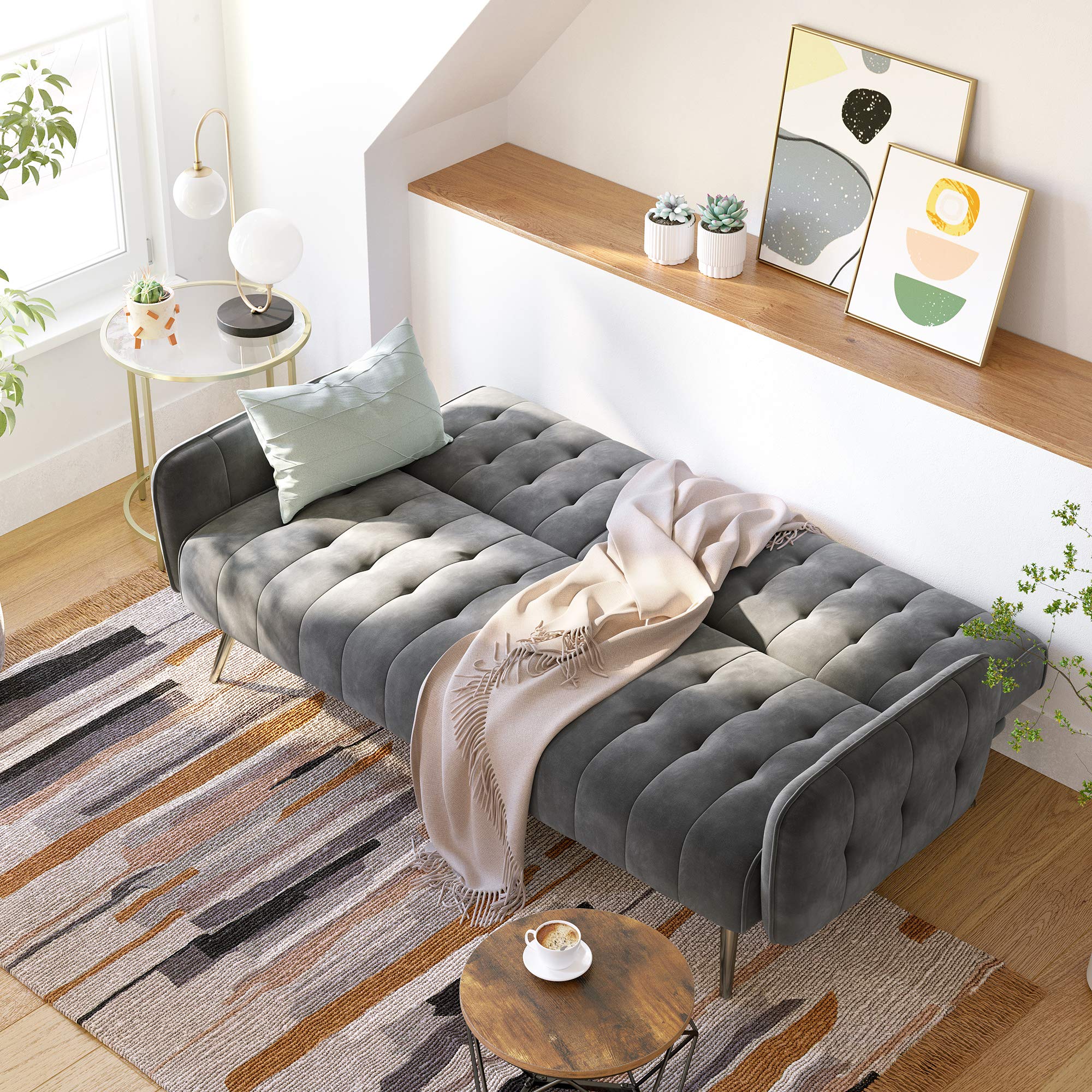 Sofa Bed, Convertible Couch with 2 Cup Holders and Removable Armrests, for Compact Living Space Apartment Dorm Office, 72 x 33.9 x 30.7 Inches, Gray