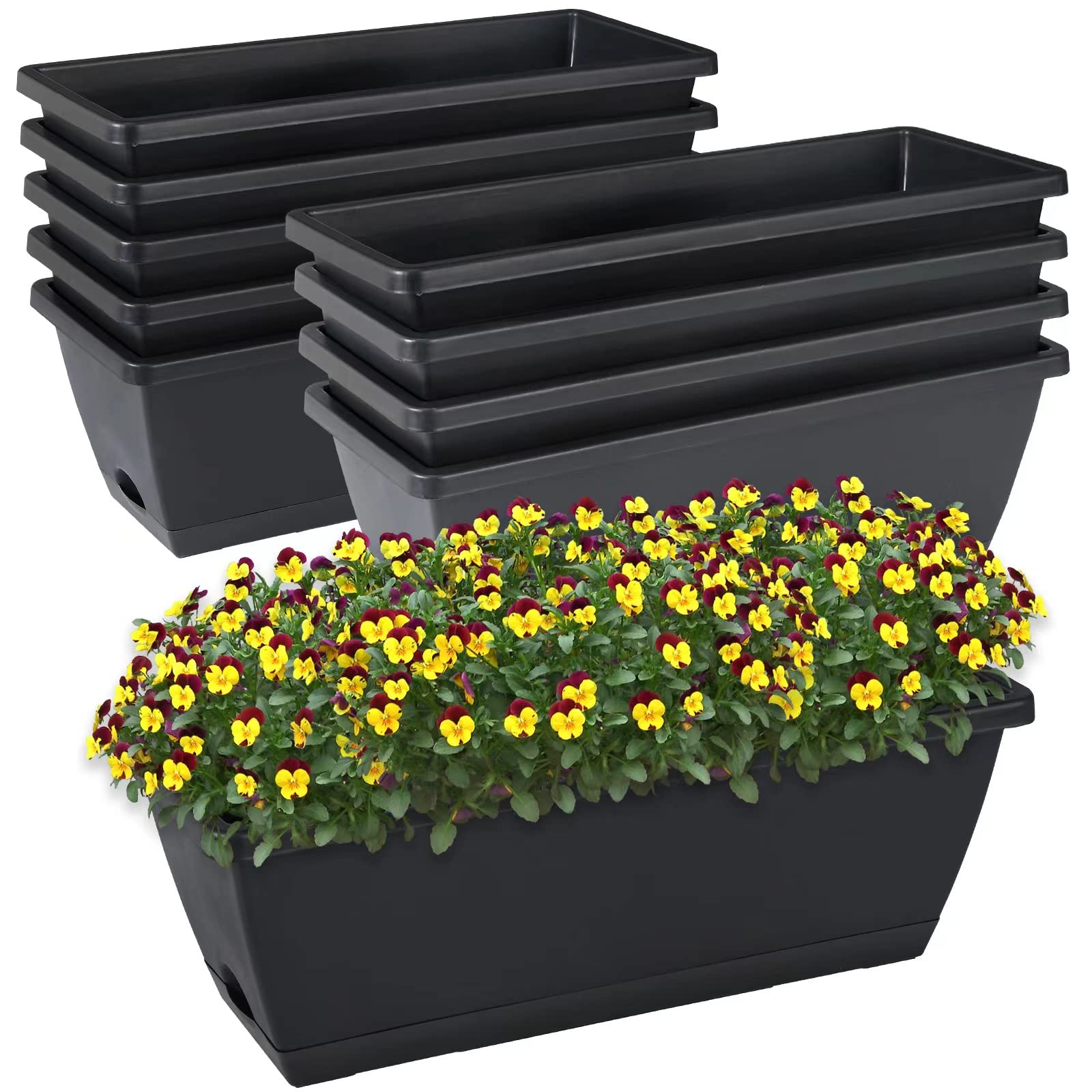 CHUKEMAOYI Window Box Planter, 10 Pack Plastic Vegetable Flower Planters Boxes 17 Inches Rectangular Flower Pots with Saucers for Indoor Outdoor Garden, Patio, Home Decor (Black)