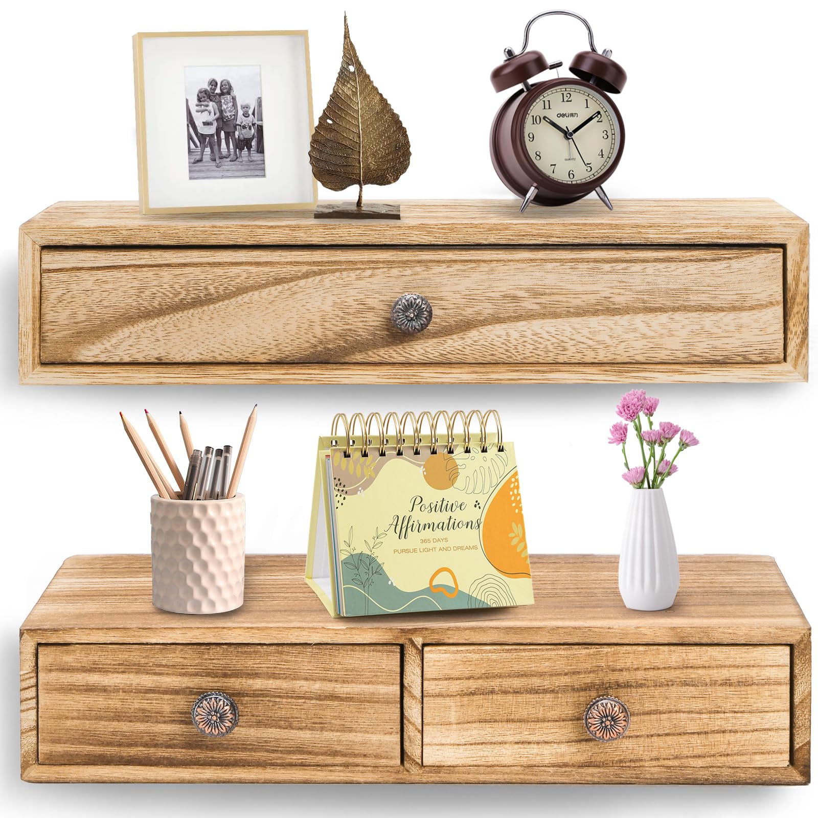 Yesland 2 Packs Floating Nightstand with Drawer - Rustic Wood Floating Wall Mounted Drawers Floating Shelf with Drawer for Living Room, Bedroom, Storage, Display - Yellowish Brown