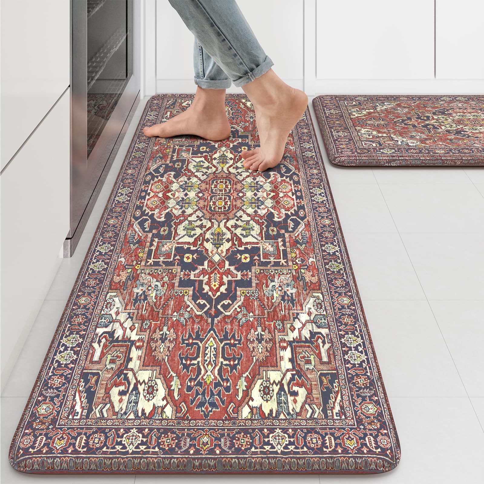 KIMODE Kitchen Mats,Boho Vintage Anti Fatigue Kitchen Rugs Sets of 2,Non Slip Waterproof Kitchen Mats for Floor,Cushioned Comfort Standing Mat for Kitchen Floor,Laundry,Sink,Floral Red