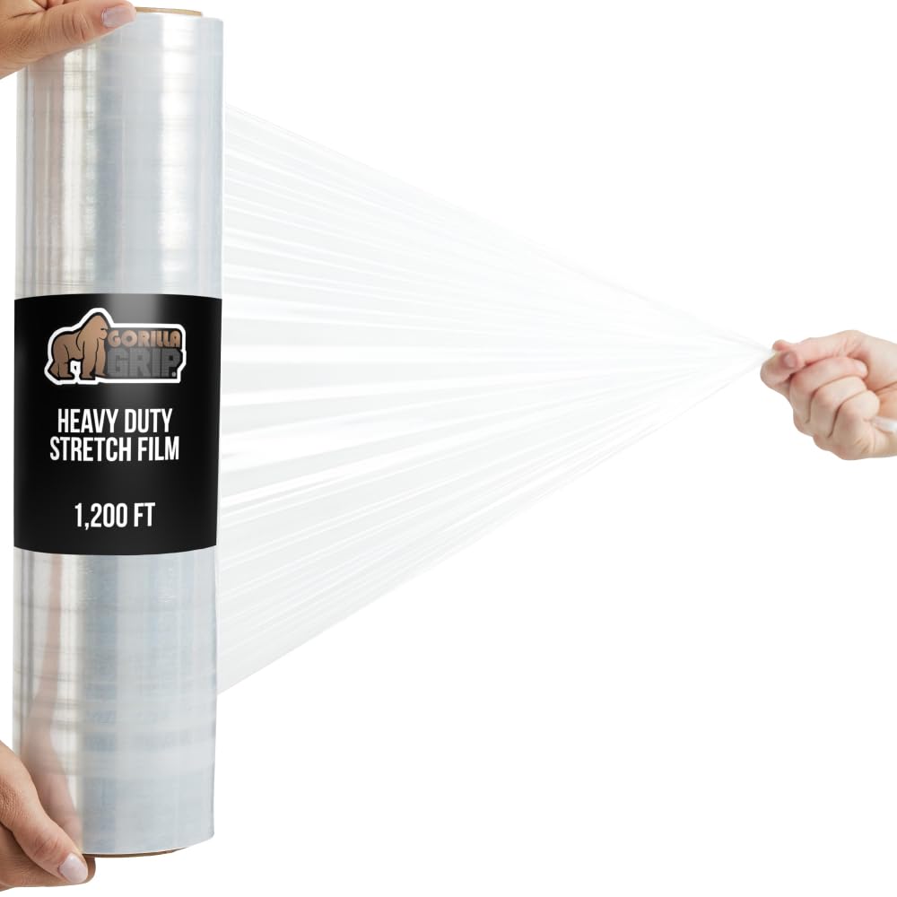 Gorilla Grip 500% Stretch Film Heavy Duty Plastic, 1200ft Shrink Wrap Roll 17" Puncture Resistant, Industrial Strength for Shipping, Pallet Storing, Moving, Packing Furniture Protection 1 Pack Clear