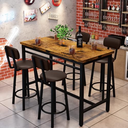 DKLGG Bar Dining Table Set for 4 Industrial Pub Table and Chairs, Kitchen Counter Height Table & 4 PU Leather Upholstered Stools with Backrest Space-Saving Dining Room Table Set for Small Space