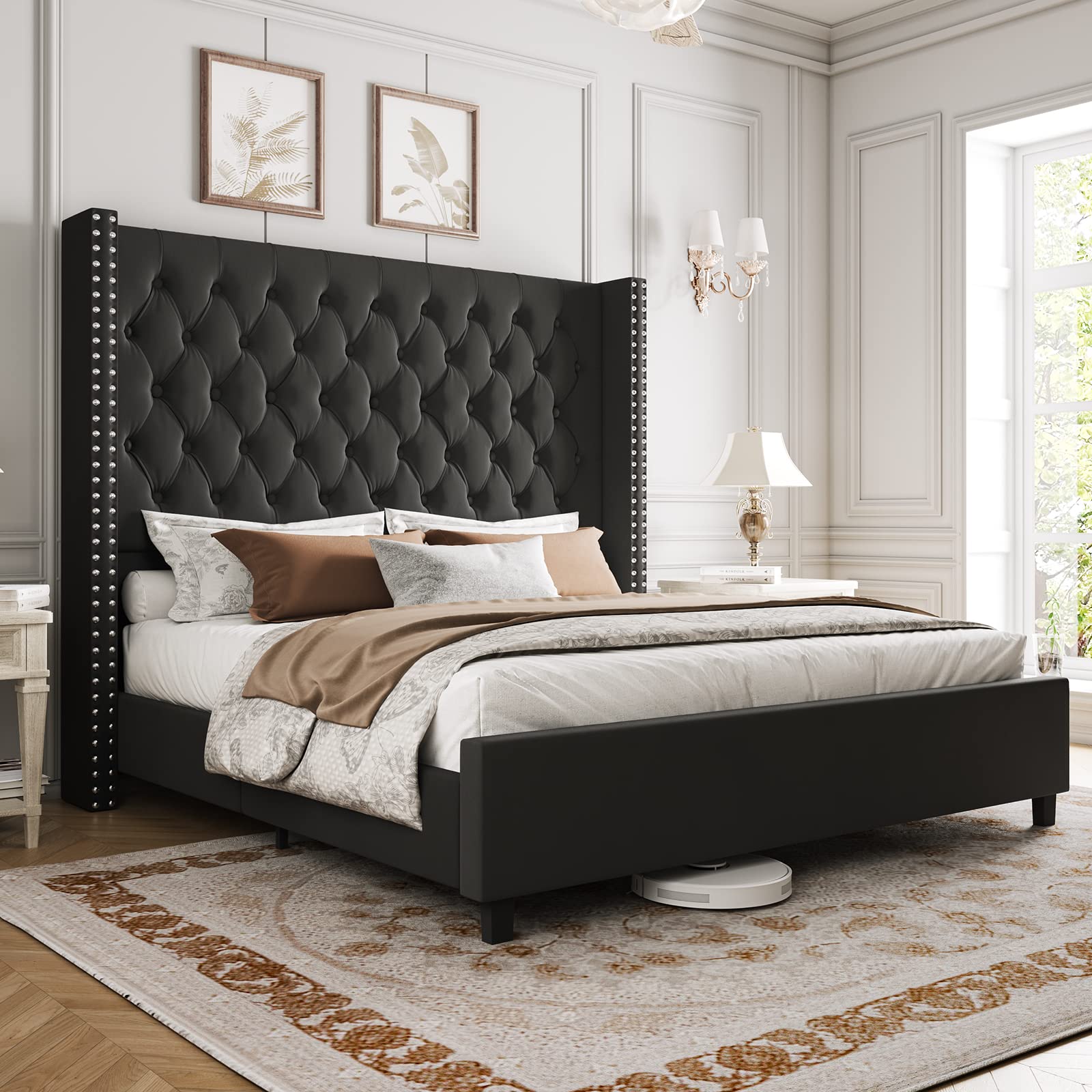 PaPaJet Queen Platform Bed Frame 61.4" Handmade Headboard Velvet Tall Upholstered Bed Deep Button Tufted/No Box Spring Required/Wood Slat Support/Easy Assembly/Black