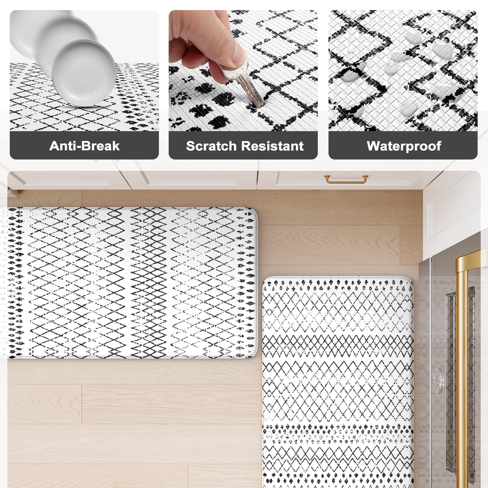 KIMODE Kitchen Mats 2PCS,Cushioned Anti Fatigue Kitchen Rugs and Mats,Non Skid Waterproof Kitchen Mats for Floor,Comfort Foam Standing Mat for Home, Office,Sink,Laundry,Desk,Black and White