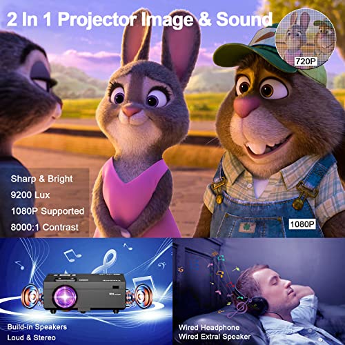 Mini Projector, 1080P Full HD 200” Screen Supported Video Projector, 9200Lux Home Theater Movie Projector Compatible w/Android/iPhone TV Stick HDMI VGA USB AV TF PC Laptop
