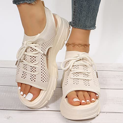 Mzluyin Casual Sandals Thick Bottom Muffin Shoes Breathable Mesh Hollow Out Sandals Lace Up Slingback Open Toe Wedges Comfortable Beach Shoes Sandals, 7.5, Beige