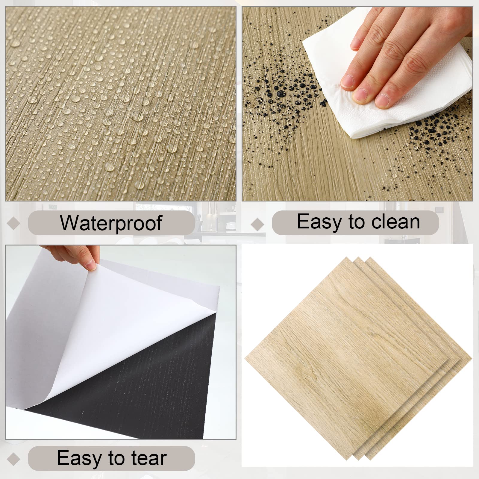 Sasylvia 48 Pcs Peel and Stick Floor Tile Wood Grain Vinyl Flooring Self Adhesive Waterproof Bathroom Floor Tile for Living Bedroom Kitchen Floor, 12 x 12 Inch(Light Yellow, Elegant Style)