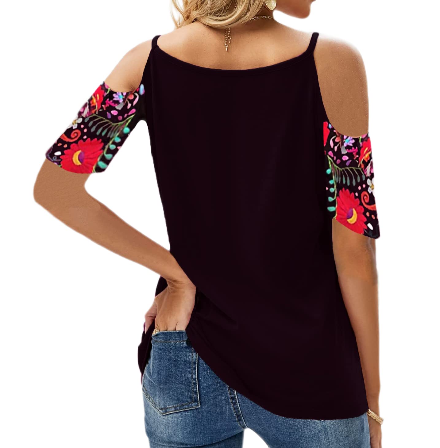 Melliflo Women Embroidered Cold Shoulder Tops Casual Peasant Blouses Summer Short Sleeve Mexican Shirts(Medium,Black Floral)
