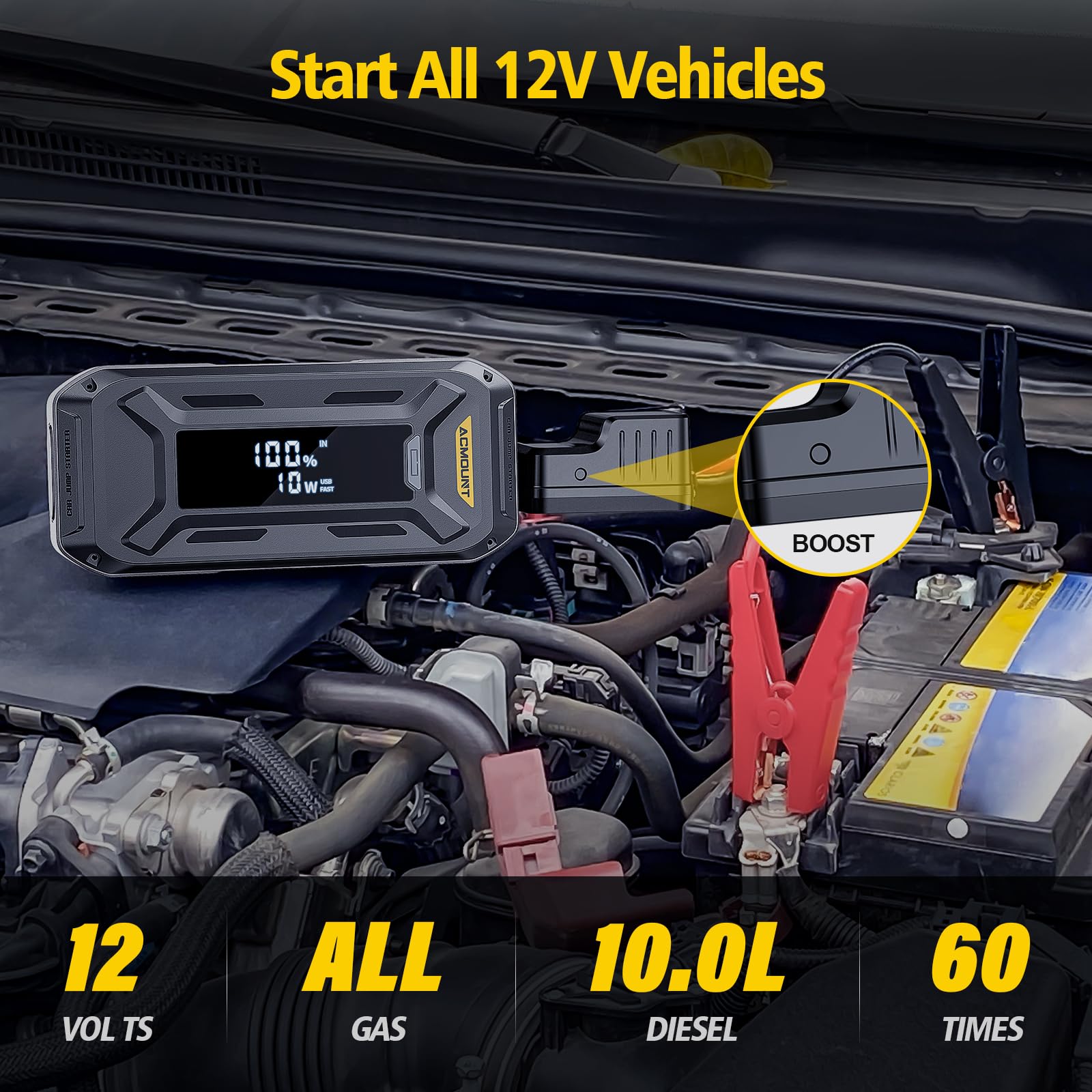 Acmount Car Jump Starter, 5000A Peak Jump Starter Battery Pack(All Gas & 10.0L Diesel Engine), 12V Portable Battery Charger Jump Starter with 3β LCD Display, USB Quick Charge and LED Light