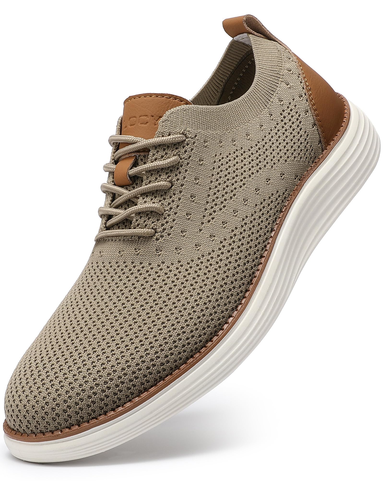 VILOCY Men's Casual Dress Sneakers Oxfords Business Shoes Lace Up Lightweight Comfortable Breathable Walking Knit Mesh Fashion Sneakers Tennis Khaki,EU44