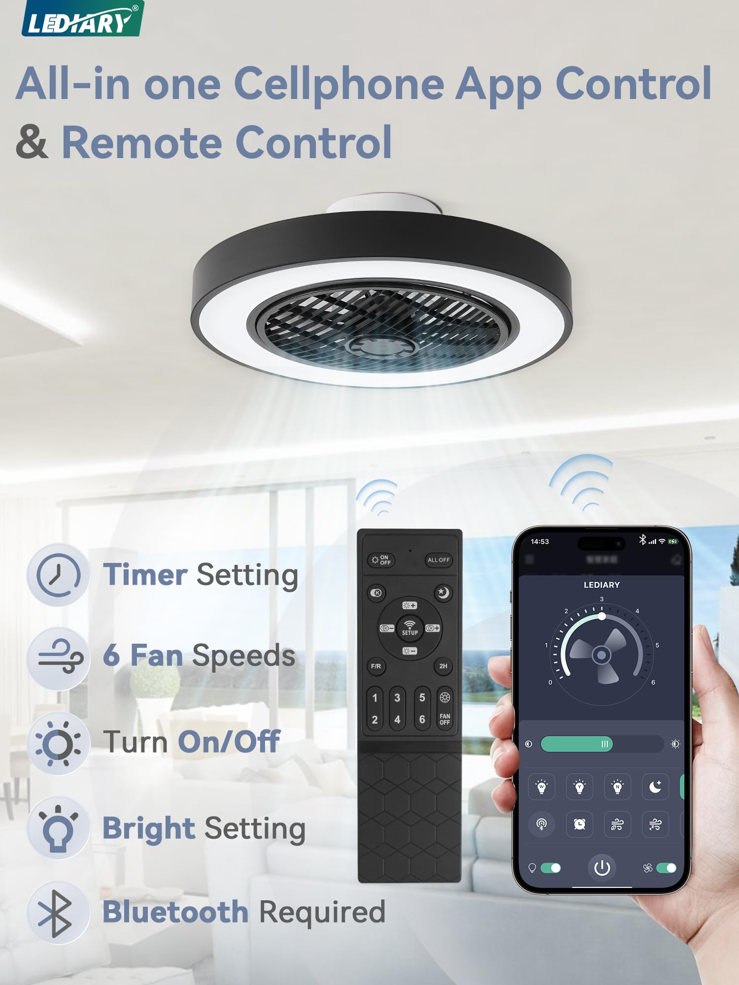 LEDIARY 20 Inch Low Profile Ceiling Fans With Lights, Led Bladeless Ceiling Fan, Remote Control Enclosed Flush Mount Ceiling Fan With Timming, 3000-6000K, 6 Wind Speed, 3000LM, 57W-Black