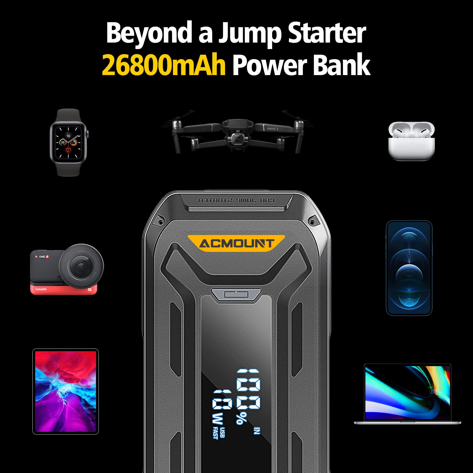 Acmount Car Jump Starter, 5000A Peak Jump Starter Battery Pack(All Gas & 10.0L Diesel Engine), 12V Portable Battery Charger Jump Starter with 3β LCD Display, USB Quick Charge and LED Light