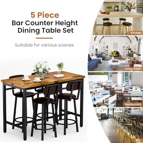 DKLGG Bar Dining Table Set for 4 Industrial Pub Table and Chairs, Kitchen Counter Height Table & 4 PU Leather Upholstered Stools with Backrest Space-Saving Dining Room Table Set for Small Space