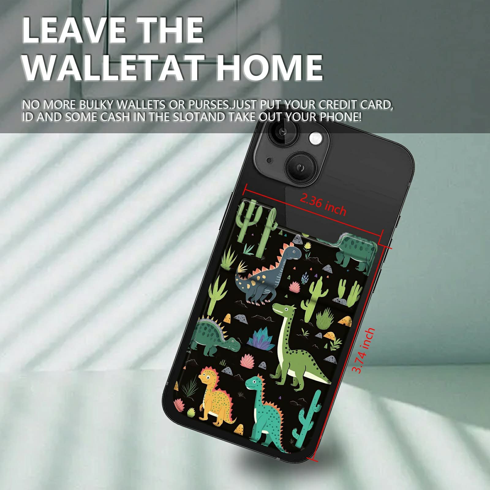 Rossy Cell Phone Wallet Adhesive Card Holder Stick on Wallet Pocket Credit Card ID Case With Cute Dinosaur Stylish Pattern for Back of Phone for All Smartphones