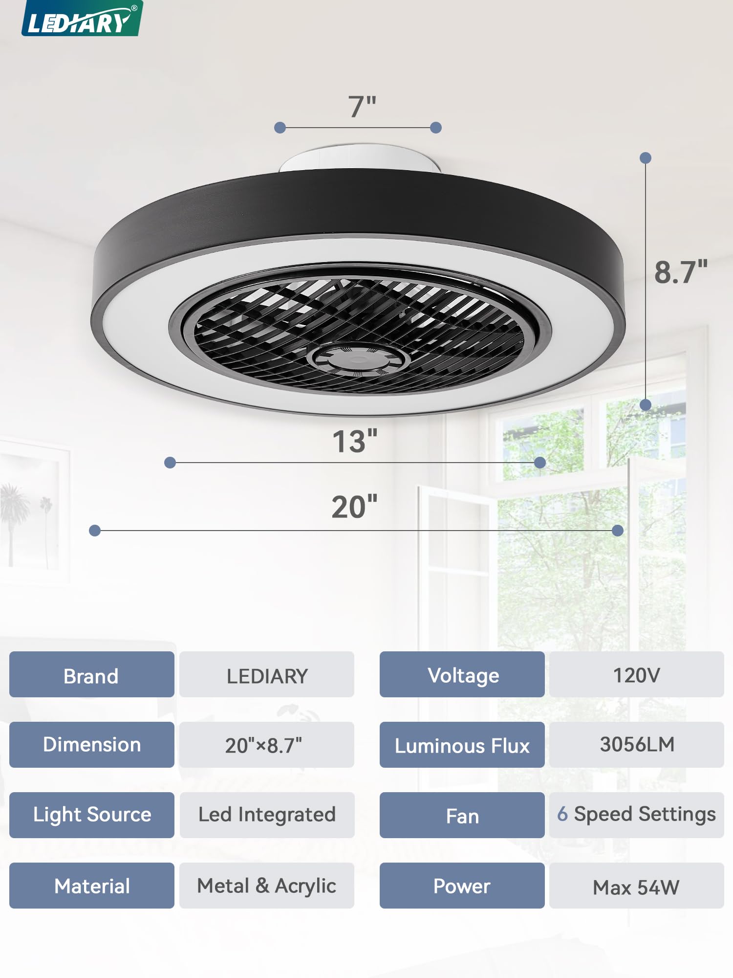 LEDIARY 20 Inch Low Profile Ceiling Fans With Lights, Led Bladeless Ceiling Fan, Remote Control Enclosed Flush Mount Ceiling Fan With Timming, 3000-6000K, 6 Wind Speed, 3000LM, 57W-Black
