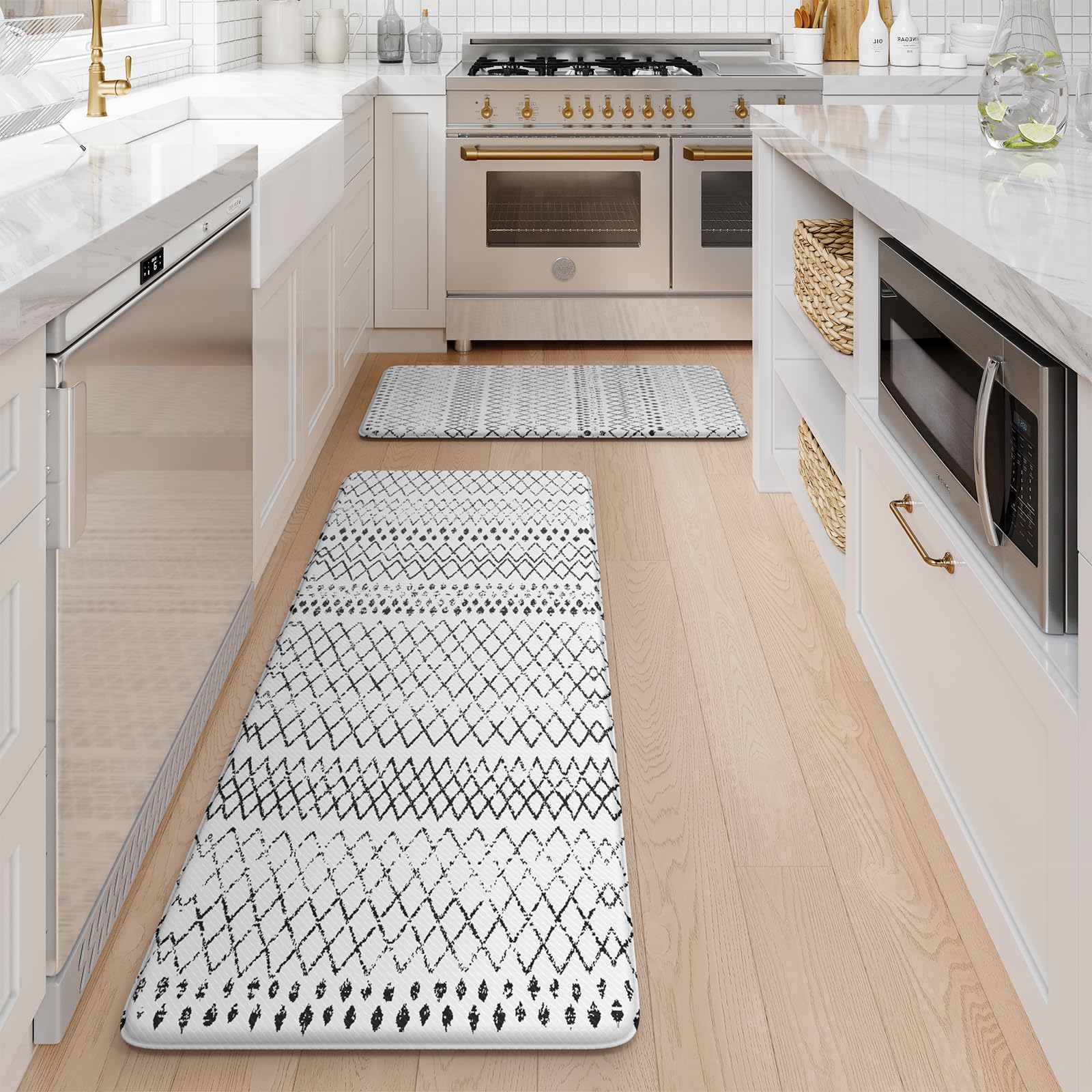 KIMODE Kitchen Mats 2PCS,Cushioned Anti Fatigue Kitchen Rugs and Mats,Non Skid Waterproof Kitchen Mats for Floor,Comfort Foam Standing Mat for Home, Office,Sink,Laundry,Desk,Black and White