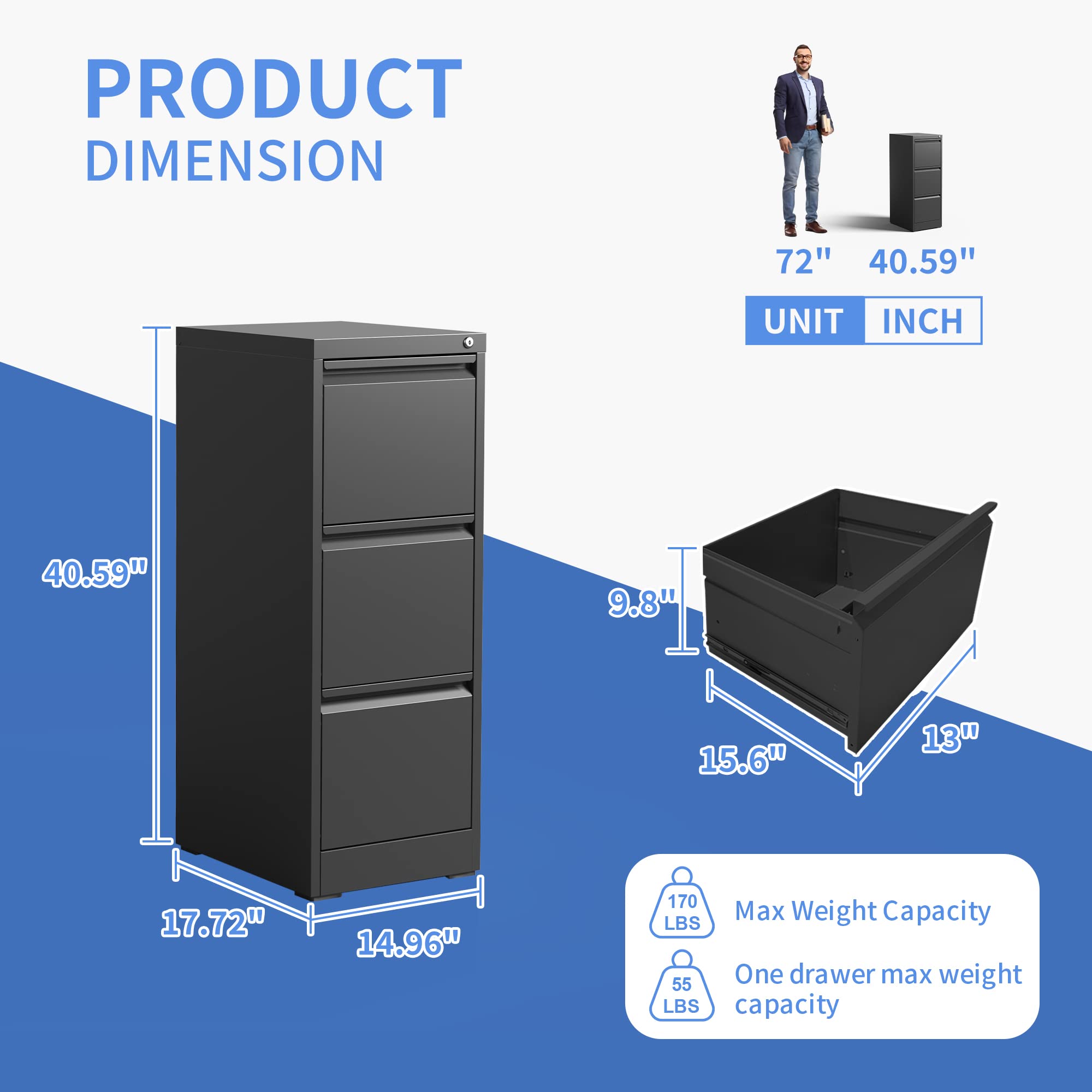 Yukimo Vertical File Cabinet with Drawers, 3 Drawer File Cabinet for Home Office, Locking File Cabinet Hanging Files for A4/ Legal/Letter, Black