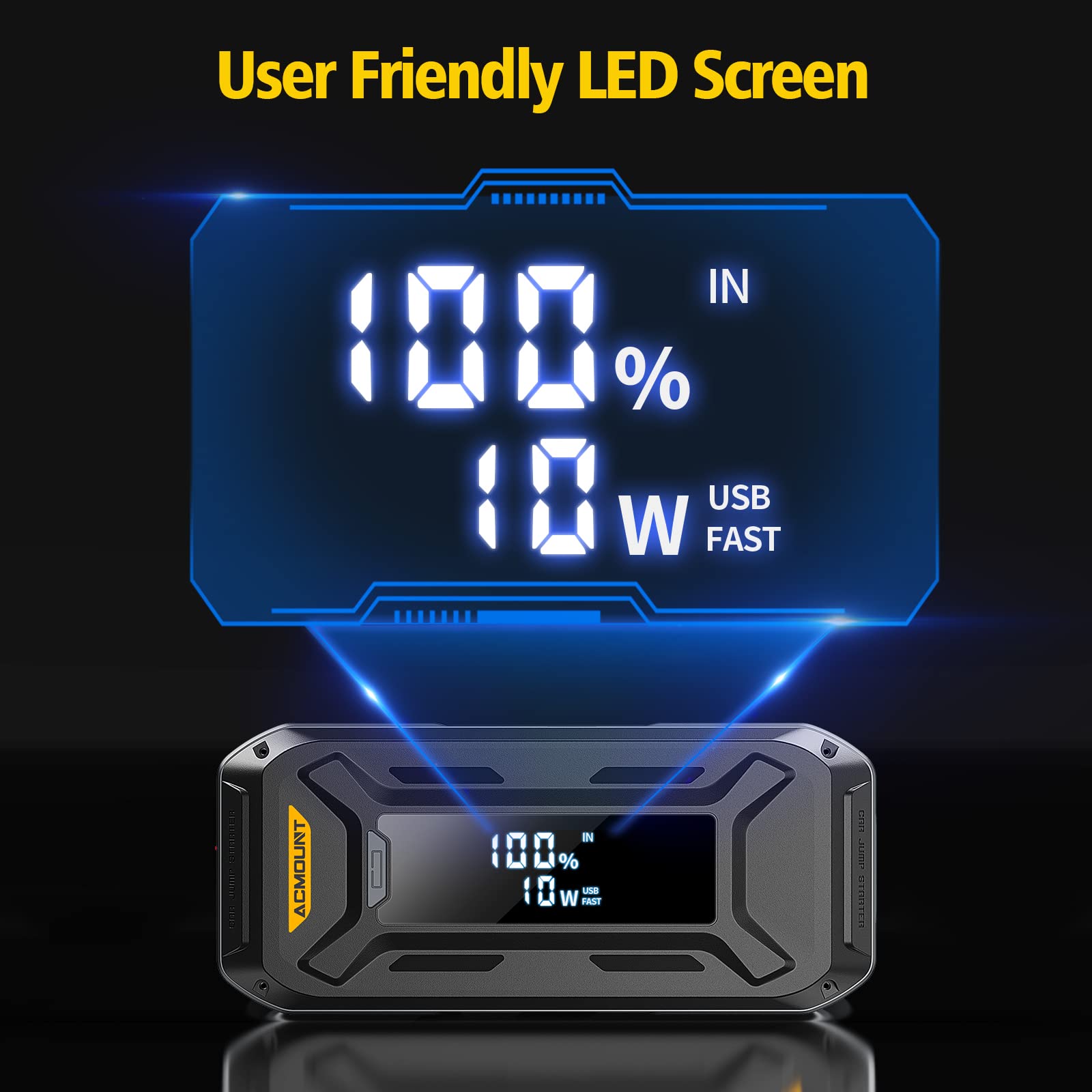Acmount Car Jump Starter, 5000A Peak Jump Starter Battery Pack(All Gas & 10.0L Diesel Engine), 12V Portable Battery Charger Jump Starter with 3β LCD Display, USB Quick Charge and LED Light
