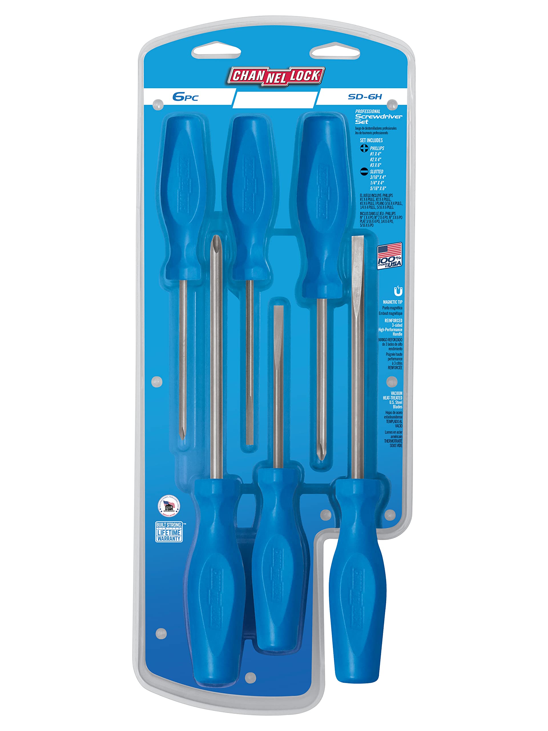 CHANNELLOCK SD-6H 6 Piece Professional Screwdriver Set, Magnetic Tip, Made in USA, Molded Tri-Lobe Grip