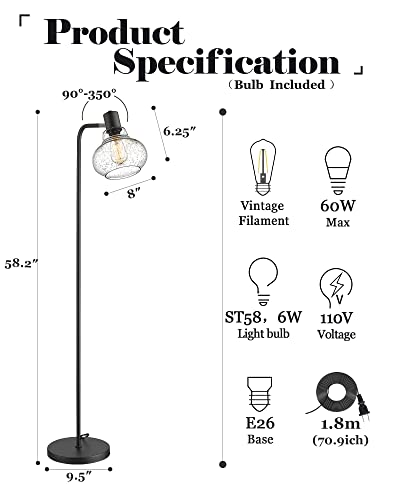 ELYONA Industrial Floor Lamp, Modern Standing Light with Handblown Seeded Bubble Glass Shade, Tall Pole Farmhouse Corner Light for Living Room Bedroom Office, Edison 6W Bulb Included, Black