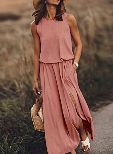 Dokotoo Womens 2024 Spring Summer Beach Dresses Casual Long Dress Maxi Dresses Sleeveless Hem Split Sun Dress with Pockets Pink X-Large