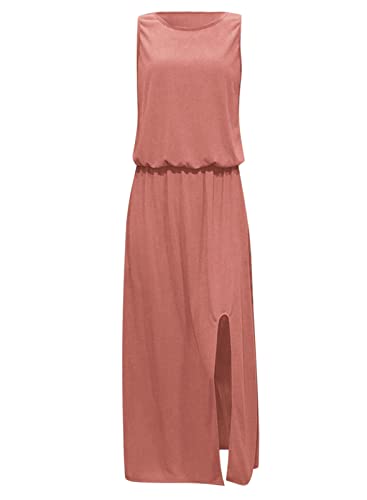 Dokotoo Womens 2024 Spring Summer Beach Dresses Casual Long Dress Maxi Dresses Sleeveless Hem Split Sun Dress with Pockets Pink X-Large
