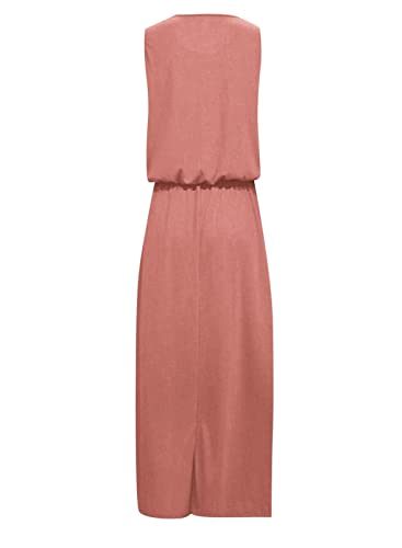 Dokotoo Womens 2024 Spring Summer Beach Dresses Casual Long Dress Maxi Dresses Sleeveless Hem Split Sun Dress with Pockets Pink X-Large