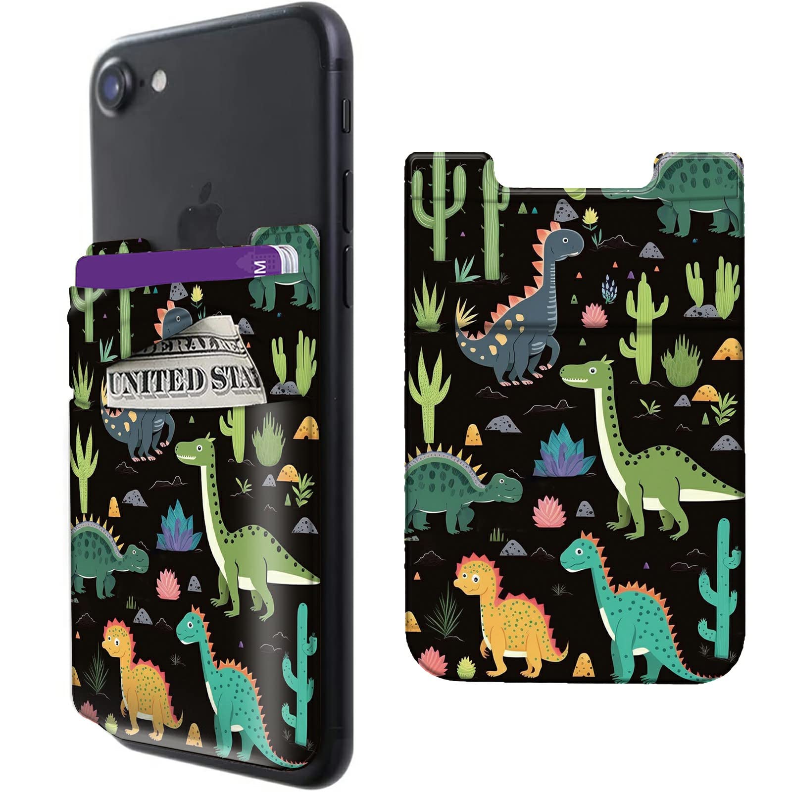 Rossy Cell Phone Wallet Adhesive Card Holder Stick on Wallet Pocket Credit Card ID Case With Cute Dinosaur Stylish Pattern for Back of Phone for All Smartphones
