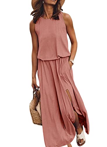 Dokotoo Womens 2024 Spring Summer Beach Dresses Casual Long Dress Maxi Dresses Sleeveless Hem Split Sun Dress with Pockets Pink X-Large