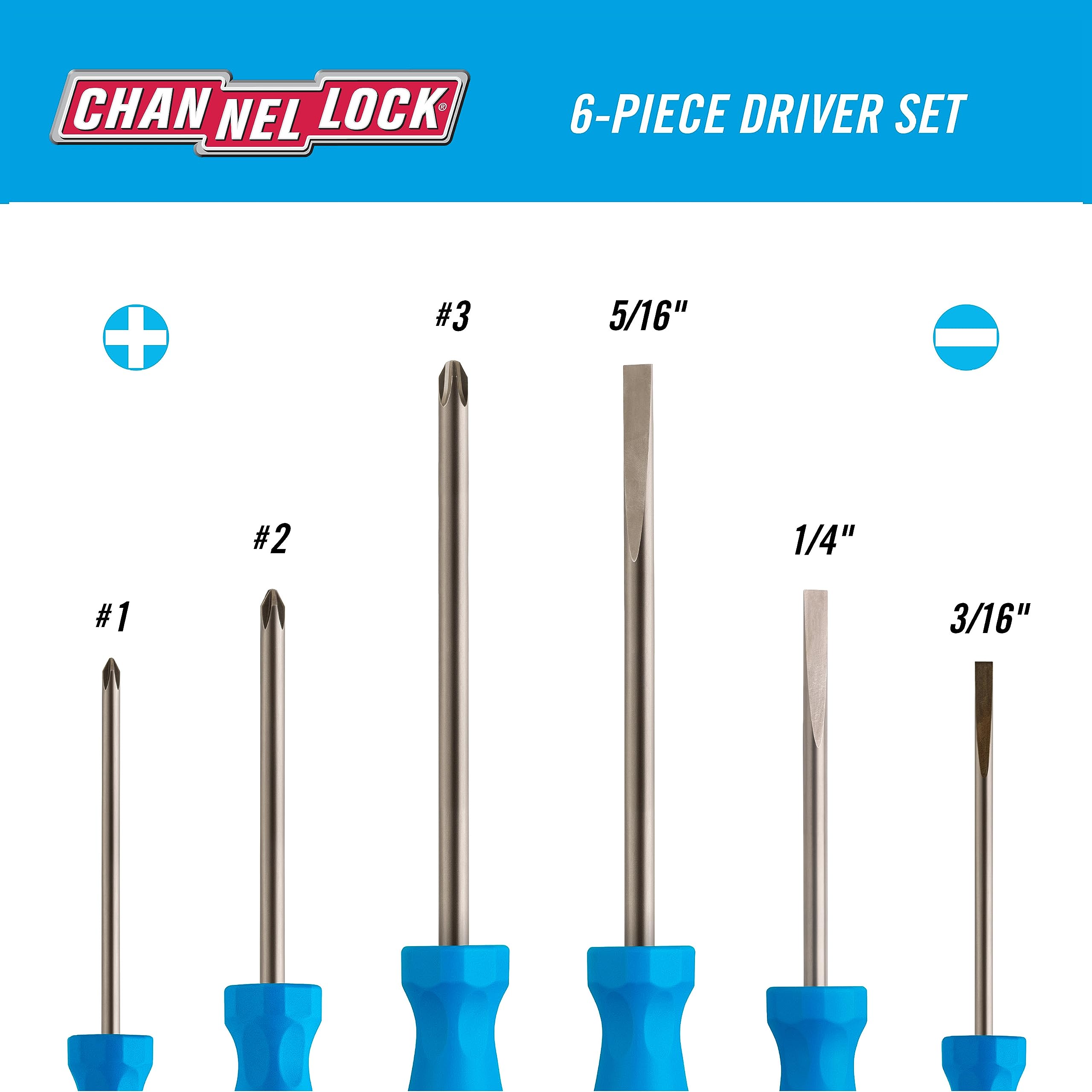 CHANNELLOCK SD-6H 6 Piece Professional Screwdriver Set, Magnetic Tip, Made in USA, Molded Tri-Lobe Grip