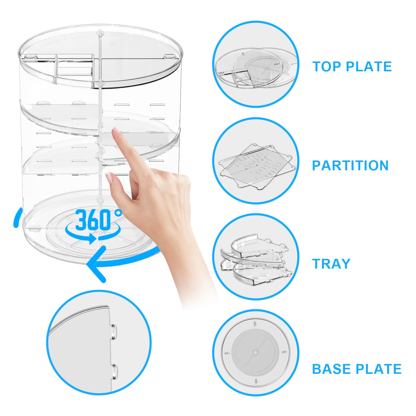 360 Rotating Makeup Organizer, DIY Adjustable Bathroom Perfume Organizer Spinning Cosmetics Organizer Countertop For Vanity Large Capacity Acrylic Fits Makeup Brushes Lipsticks Clear