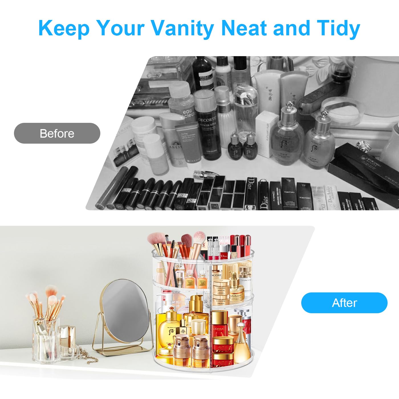 360 Rotating Makeup Organizer, DIY Adjustable Bathroom Perfume Organizer Spinning Cosmetics Organizer Countertop For Vanity Large Capacity Acrylic Fits Makeup Brushes Lipsticks Clear