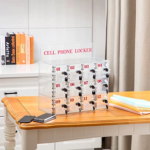 Clear Cell Phone Locker Box with Keys 12 Slots Acrylic Cell Phones Storage Cabinet Wall Mounted Clear Phone Lock Box Classroom Phone Organizer for Pocket Cellphone Holder School Office Classroom
