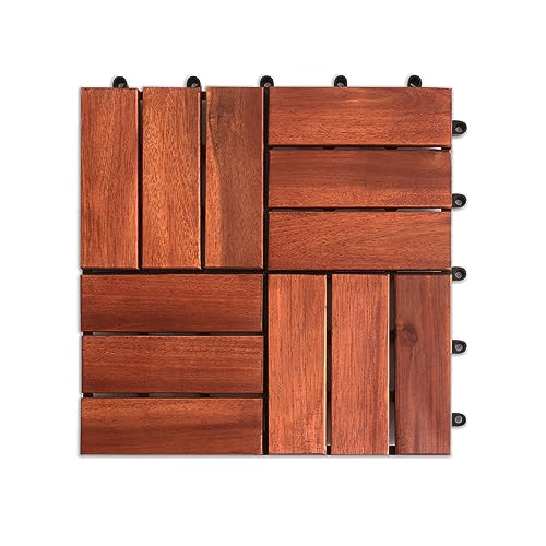 CLOVERHOLM Interlocking Deck Tiles 12x12 inches, 10PCS Waterproof Acacia Wood Patio Tiles, Easy Snap Flooring Tiles for Indoor and Outdoor,Balcony, Entry, Poolside Tiles (Tiles-Teak-P9)